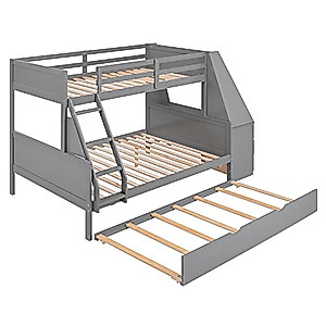 Twin Over Full Bunk Bed with Desk and Trundle, Wooden Bunk Beds Twin over Full Size with Storage Drawers and Shelf ,Storage Bunk Beds with Ladder & Guardrails for Kids Girls Boys ,Grey