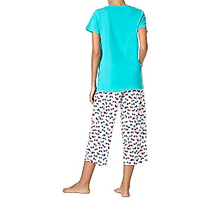 HUE Women's Printed Knit Short Sleeve Tee and Capri 2 Piece Pajama Set, Ceramic