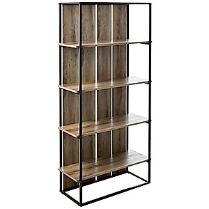 Walker Edison Evangeline Modern Farmhouse Metal and Wood 4 shelves Bookshelf, 64 Inch, Grey Wash