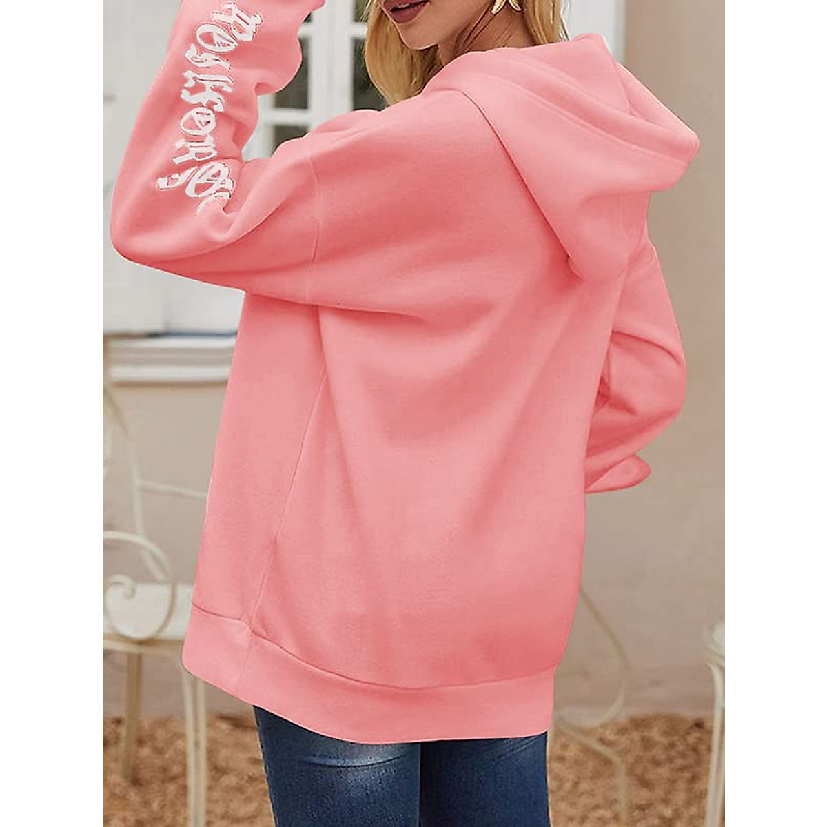 ZAFUL Men's Fleece Hoodie Unisex Rose Letter Print Hooded Pullover Kangaroo Pocket Sweatshirt Pink L