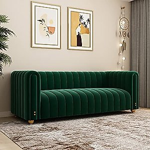Green Velvet Couch Sofa Loveseat, 81.3 Wide Mid Century Modern Couch Small Spaces Love Seat Tufted Chesterfield Velvet Sofa Futon with Gold Leg, Comfy 3 Seat Extra Deep Sofas Couches for Living Room