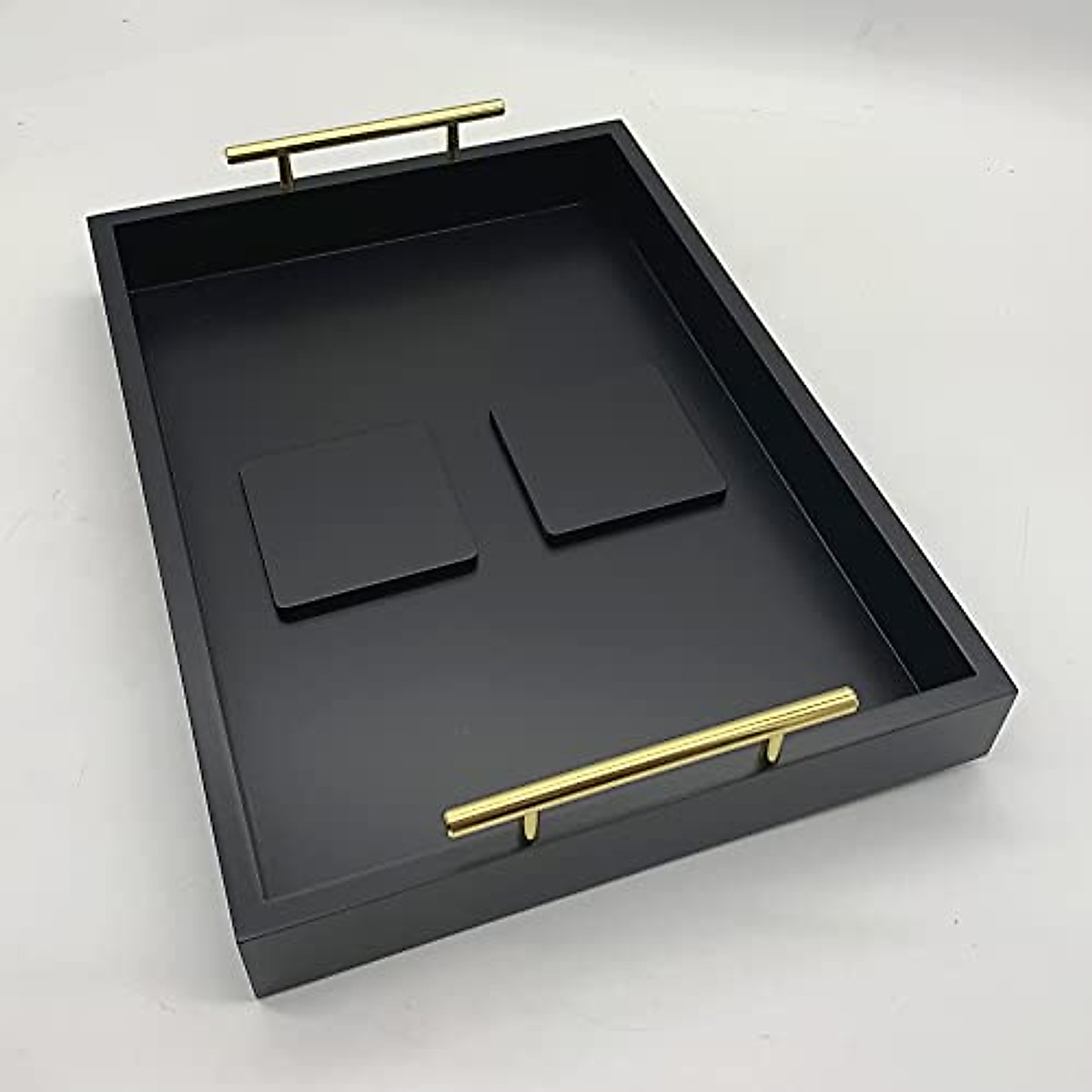 Huibaite Modern Serving Tray, Deluxe Tray for Coffee Table with Polished Gold Metal Handles and 2 Coasters, Living Room Bathroom Organizer Modern Decorative Tray, for Storage Or Display (Black)