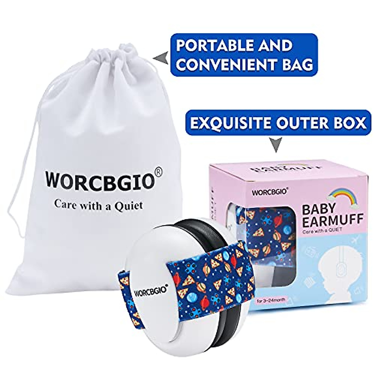 WORCBGIO Infant Ear Protection Headphones with Adjustable Elastic Headband&Comfortable White Muffs Baby Earmuff Helps Sleep Well & Reduce Noise (Planet,White