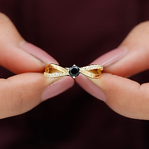 Rosec Jewels Certified Black and White Diamond Promise Ring, AAA Quality, Natural Diamond Pinky Ring for Women - Ready To Gift, 14K Yellow Gold, Size:US 7.00