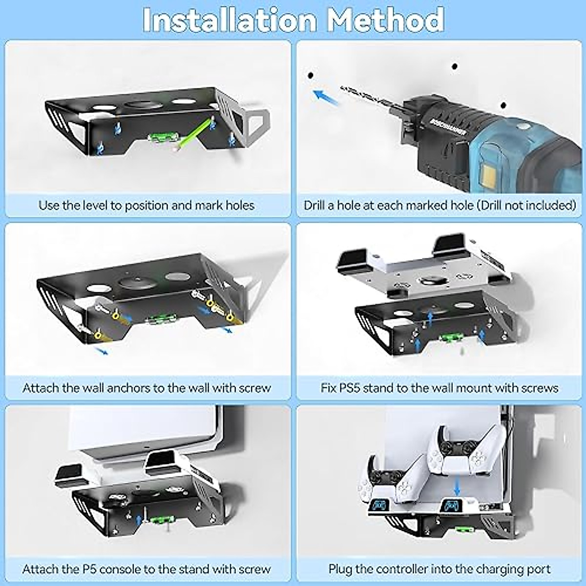 PS5 Wall Mount Kit with 3-level Cooling Fan and Dual Charging Station, PS5 Shelf Mount Compatible with Playstation 5 Disc & Digital, PS5 Cooling Station for PS5 Accessories with Headset Holder