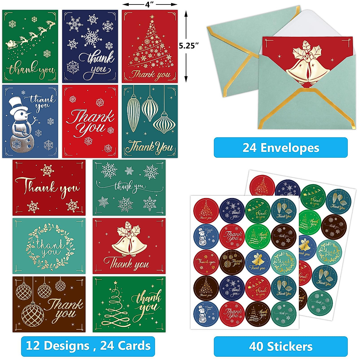 24 Pack Christmas Foil Thank You Cards and Envelopes Blank Inside Christmas Greeting Note Cards Party Supply