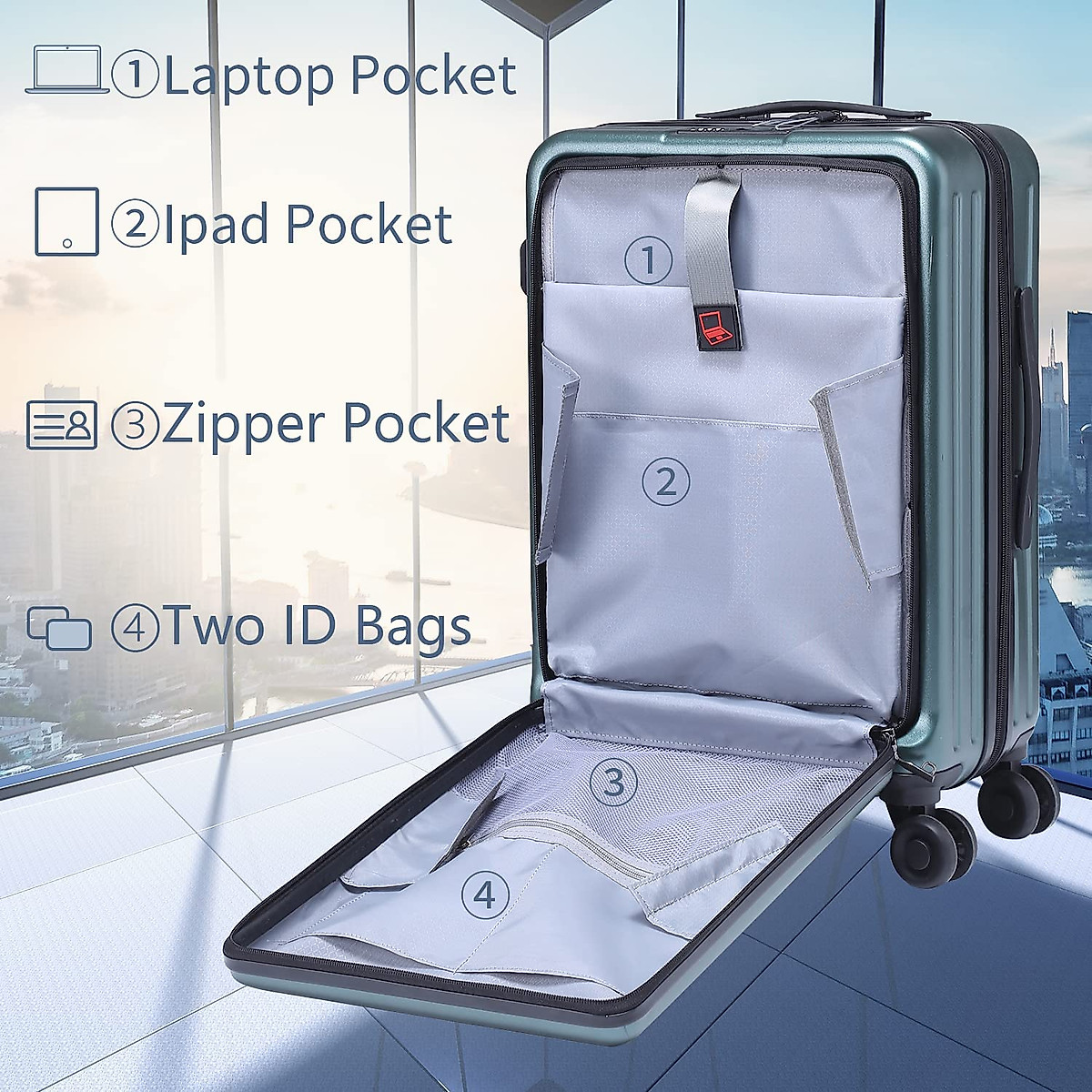 TydeCkare 20 Inch Carrry On Luggage with Front Zipper Pocket, 45L, Lightweight ABS+PC Hardshell Suitcase with TSA Lock & Spinner Silent Wheels, Convenient for Business Trips, Dark Green