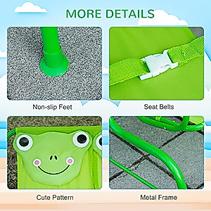 Outsunny Porch Swing for Kids with Adjustable Canopy to Block Sun at Angles, Kids Swing Chair with Seatbelts, Frog Gift for Kids, Tree Bark Brown, for Ages 3-6, Green