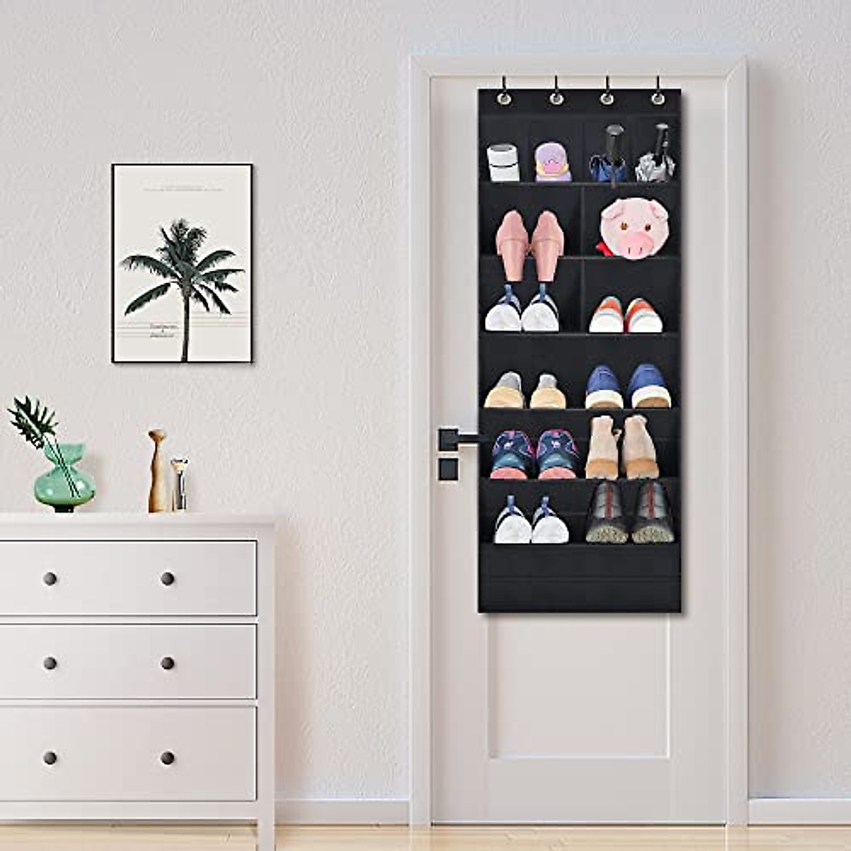 TIOYOTY Over The Door Shoe Organizer with Large Deep Pockets Door Shoe Rack for Narrow Door Hanging Multifunction Shoe Holder for Dorm Closet Door, Black
