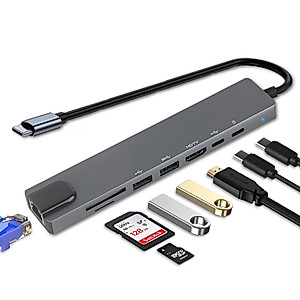USB C Hub, 8 in 1 Laptop Docking Station, Aluminum USB C Multiport Adapter with , USB3.0, RJ45, USB C Female Port, USB C Male Port, TF Card Reader