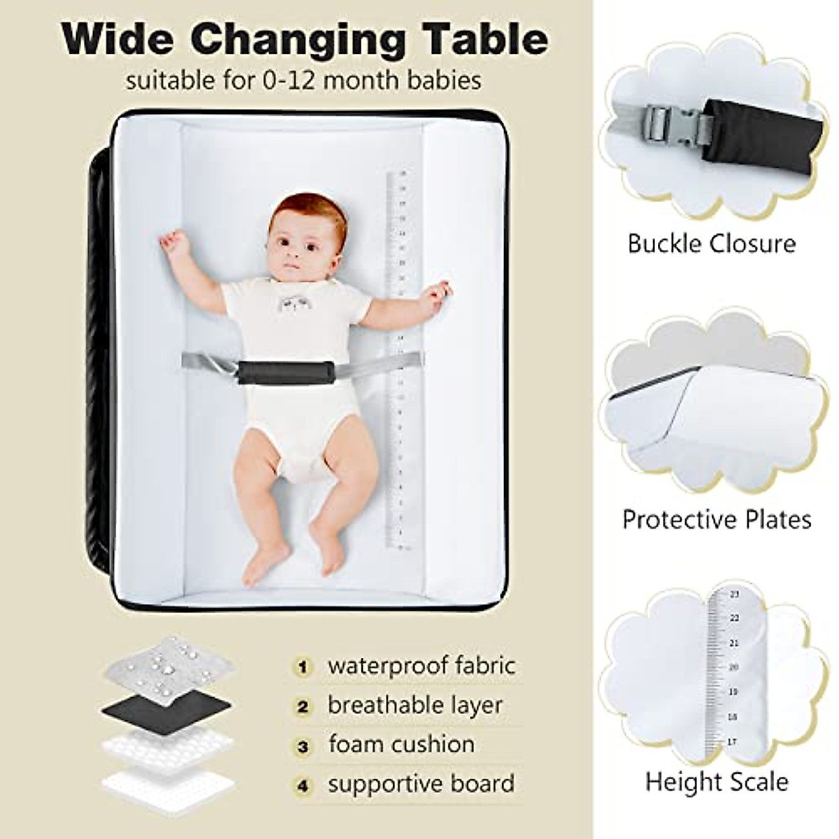 INFANS Baby Changing Table, Folding Diaper Station Portable Nursery Organizer with Safety Belt and Large Storage Racks for Newborn Baby and Infant (Black)