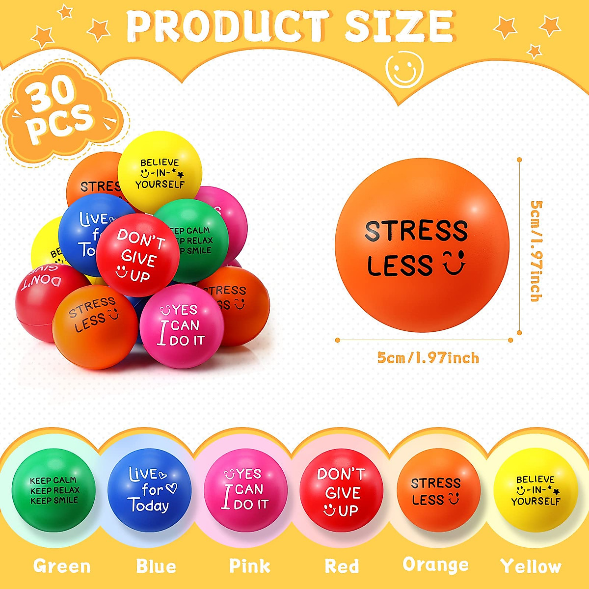 30 Pieces Motivational Stress Balls Colorful Foam Ball Quotes Stress Balls 1.97 Inch Inspirational Stress Relief Ball Hand Exercise Balls for Adults Girls Boys Party Favors Gifts, 6 Styles