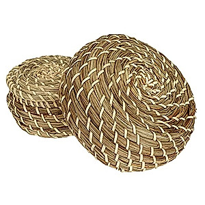 Dicunoy Set of 3 Small Wicker Basket with Lid, Round Woven Seagrass Baskets, Little Handmade Rattan Storage Basket Box for Shelf, Home, Bathroom Decor