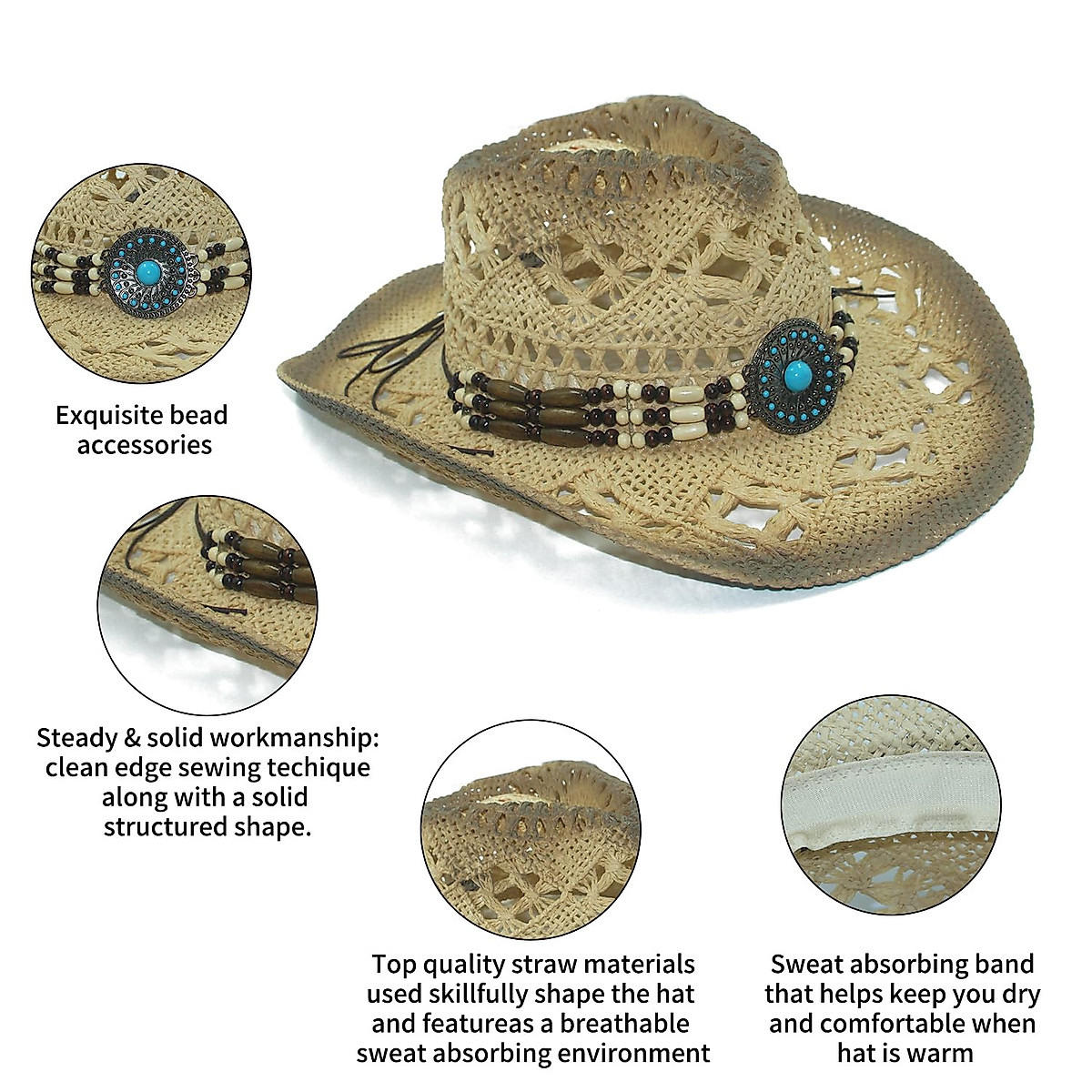 Western Toyo Straw Cowboy Hat, Shapeable w/Stylish Beaded Concho Band