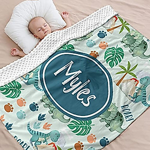 Dinosaur Custom Baby Blanket with Name Personalized Baby Blankets for Boys Girls Toddler Blanket Newborn Super Soft Comfy Patterned Minky with Double Layer Dotted Backing 35 x 45 Inch