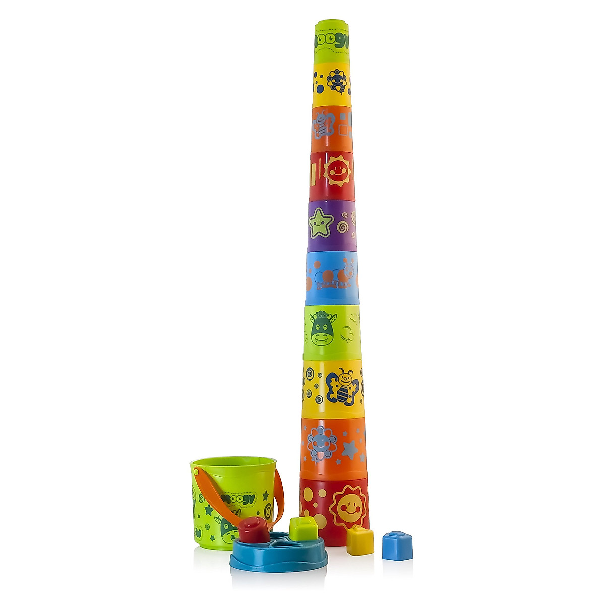 Miniland Educational - Giantte Déco Moogy Stacking Buckets Set - Plastic Stackable Nesting Cups for Kids, Fun Toddler Playtime Activity to Promote Motor Skills and Coordination