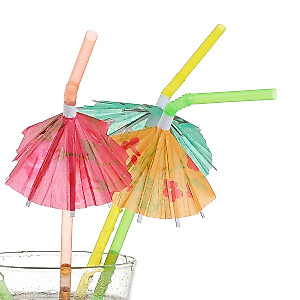 ALINK 100 Pcs Umbrella Drink Straws, Plastic Fancy Cocktail Straws, Tropical Luau Party Straws for Hawaiian/Birthday/Pool Party Decorations