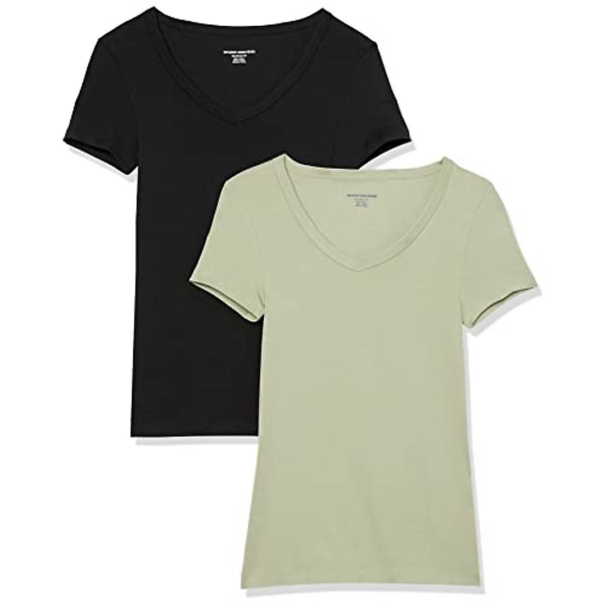 Amazon Essentials Women's Slim-Fit Short-Sleeve V-Neck T-Shirt, Pack of 2, Black/Sage Green, Medium