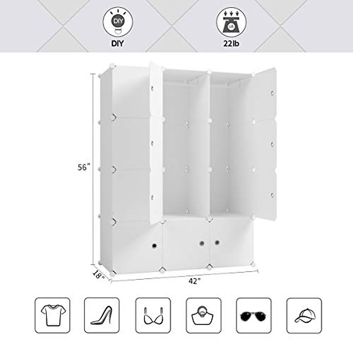 JYYG Portable Wardrobe Closets 14"x18" Depth Bedroom Armoire, Clothes Storage Organizer, 6 Cubes + 2 Hangers, White