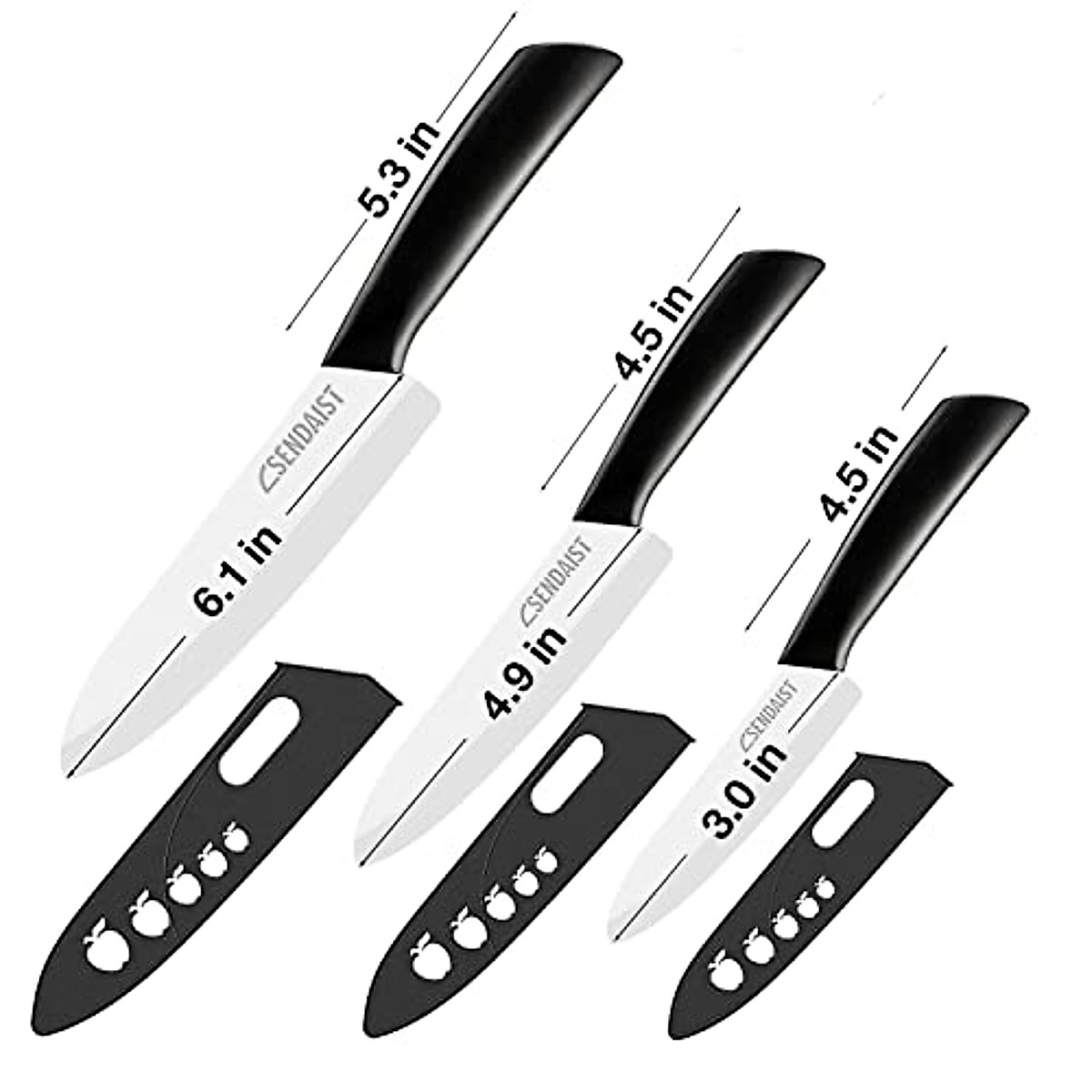 SENDAIST Set of 3 Sharp Ceramic Kitchen Knives With Anti-slip handle & sheath – 6” Chef Knife, 5” Utility Knife and 3'' Fruit Knife