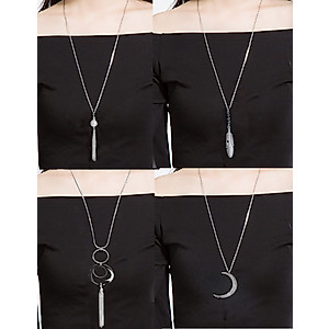 Ofeiyaa 10Pcs Long Pendant Necklace Simple Moon Bar Three Triangle Tassel Lock Sweater Y Shape Punk Chain Choker Necklace for Women Men Gold Silver Tone (E:10Pcs (Lock))