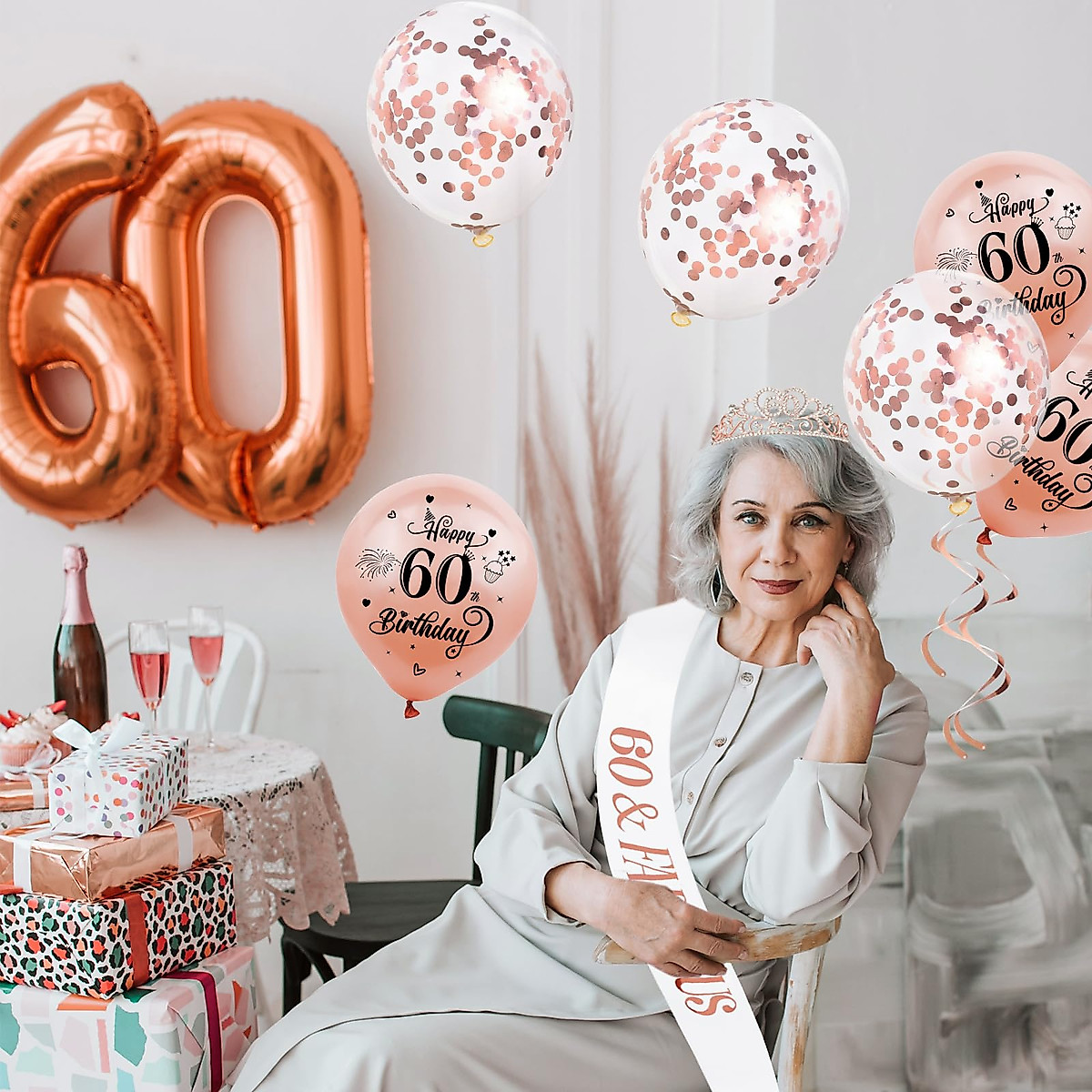SKJIAYEE 60th Birthday Party Sash and Tiara Kits-60th ‘FABULOUS’ White Sash and Glitter Rose Gold Crown and Birthday Balloons for Women Birthday Party Decorations Supplies