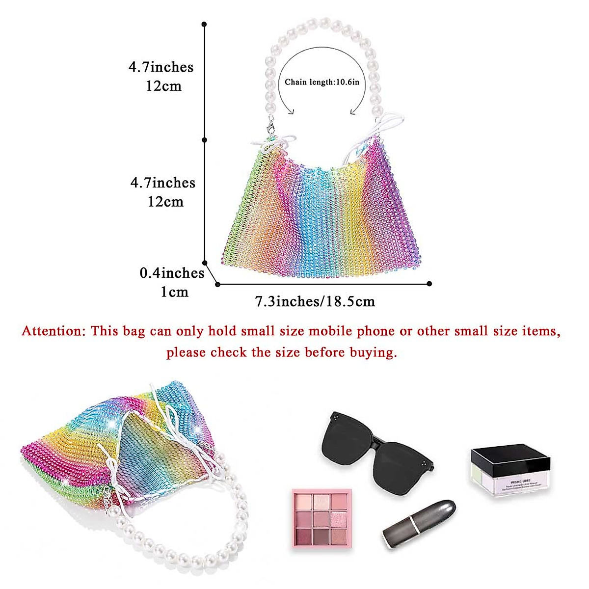 Yokawe Mini Rhinestone Purses for Women Evening Handbags Sparkly Mesh Cell Phone Wallet for Vacation Club Party Wedding (Rainbow)