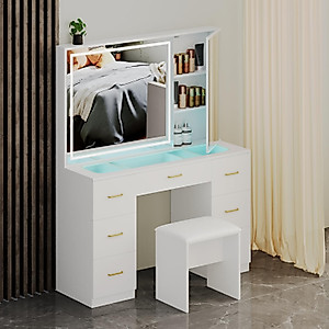Wildhome Vanity Desk with with Mirror and Lights,Makeup Vanity with Glass Top and 7 Drawers&Cushioned Stool,Dressing Table with Drawers, Bedroom Vanity Desk for Women (White-Glass top)