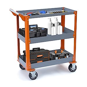 HPDMC 3-Tier Utility Cart 1000lbs Capacity Heavy Duty Metal Service Cart with Wheels, Rolling Tool Cart on Wheels, Garage Tool Push Cart for Mechanic, Garage, Workshop, Warehouse, Office