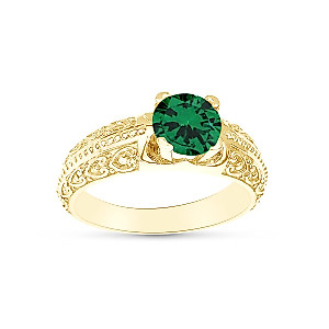 AFFY Round Shape Simulated Emerald In 14K Yellow Gold Over 925 Sterling Silver Ring Size 11.5