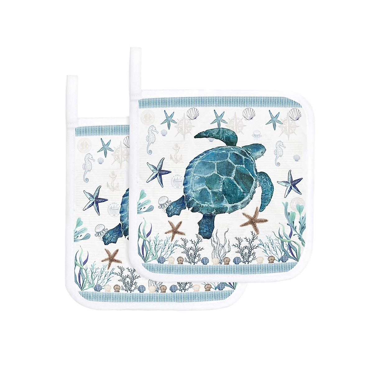 2 Pack Pot Holders Heat Insulation Potholder, Sea Turtle Hot Pads Multipurpose Oven Pads Terry Cloth Potholders for Kitchen Cooking Baking Dining Table Ocean Themed Starfish Seaweed