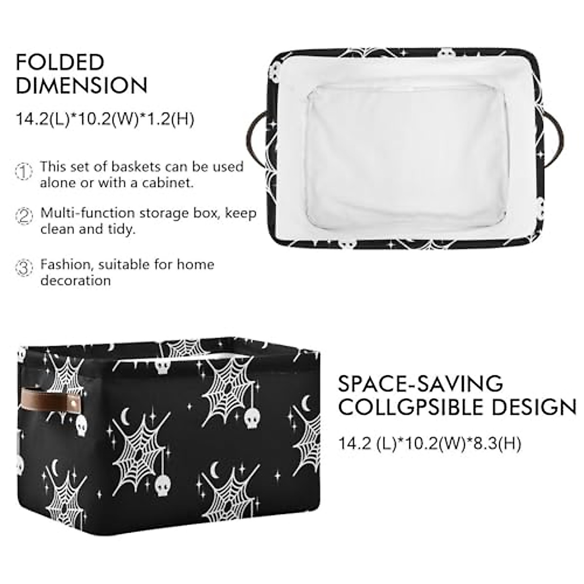 Halloween Spider Web Skull Storage Basket Bins Sturdy Toy Storage Organizer Bins Laundry Basket with Handles for Living Room Clothes Nursery Closet Shelf Playroom,2 pcs