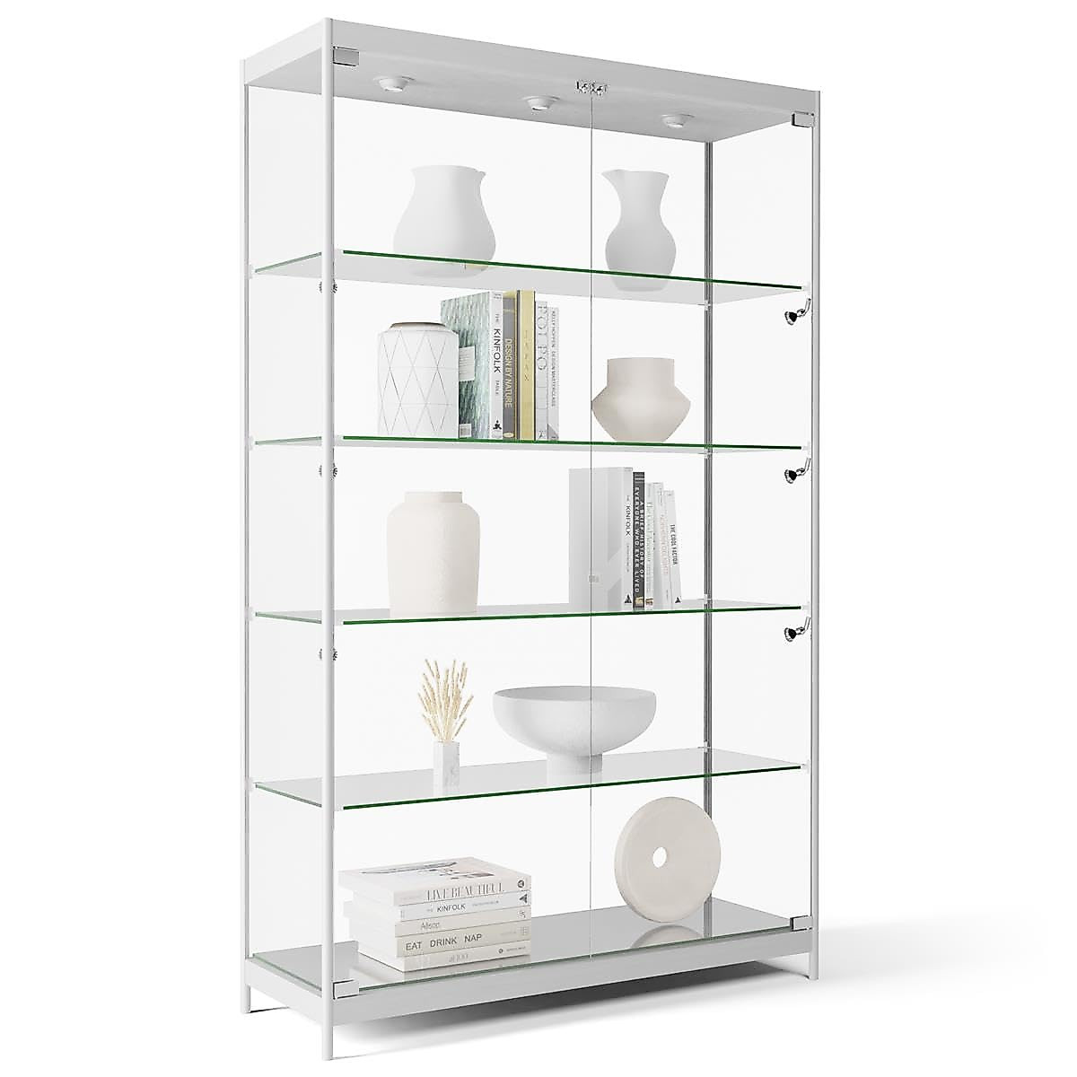 Displays2go Tempered Glass Showcases in Silver, Anodized Aluminum & Melamine, LED Lighting – Silver (LESC4816SV)