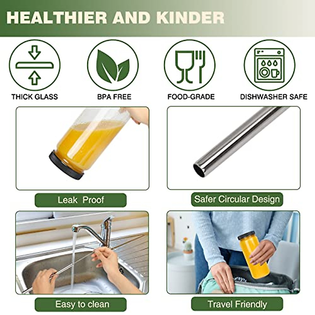 TOMNK 16 Pack 16oz Glass Juice Bottles with Lids and Straws Travel Drinking Glass Bottles with Caps Reusable Juice Jars Smoothie Cups for Tea, Kombucha, Boba Milk, Fruit Drinks, Beverage