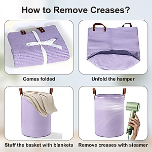 wymulot 80L Large Rope Basket, Woven Rope Storage Basket with Leather Handles, Dog Toy Storage Basket, Bedroom, Nursery Blanket Storage, Bathroom Laundry Basket, 16“x20” Tall Rope Basket (Purple)