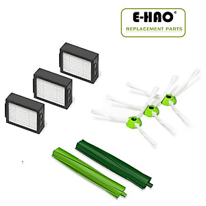 E-HAO Replacement Vacuum Parts for iRobot Roomba i & j & e and Combo i & j Series, 1 Sets Rubber Brushes, 3 HEPA Filters, 3 Side Brushes for i1+/i2+/i3+/i4+/i5+/i6+/i7+/i8+/j5+/j6+/j8+/j9+/e5/e6