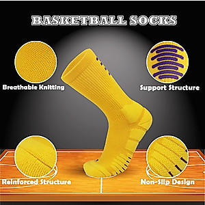 Keskale Elite Basketball Socks, Cushion Crew Athletic Sport Compression Socks for Men Women Youth, Yellow-1 pair, Medium-Large
