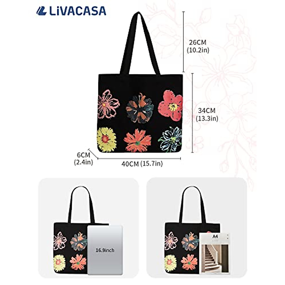 LIVACASA Canvas Tote Bag for Women, Large Floral Grocery Bags with Zipper and Inner Pockets,Travel Tote Bags for Shopping