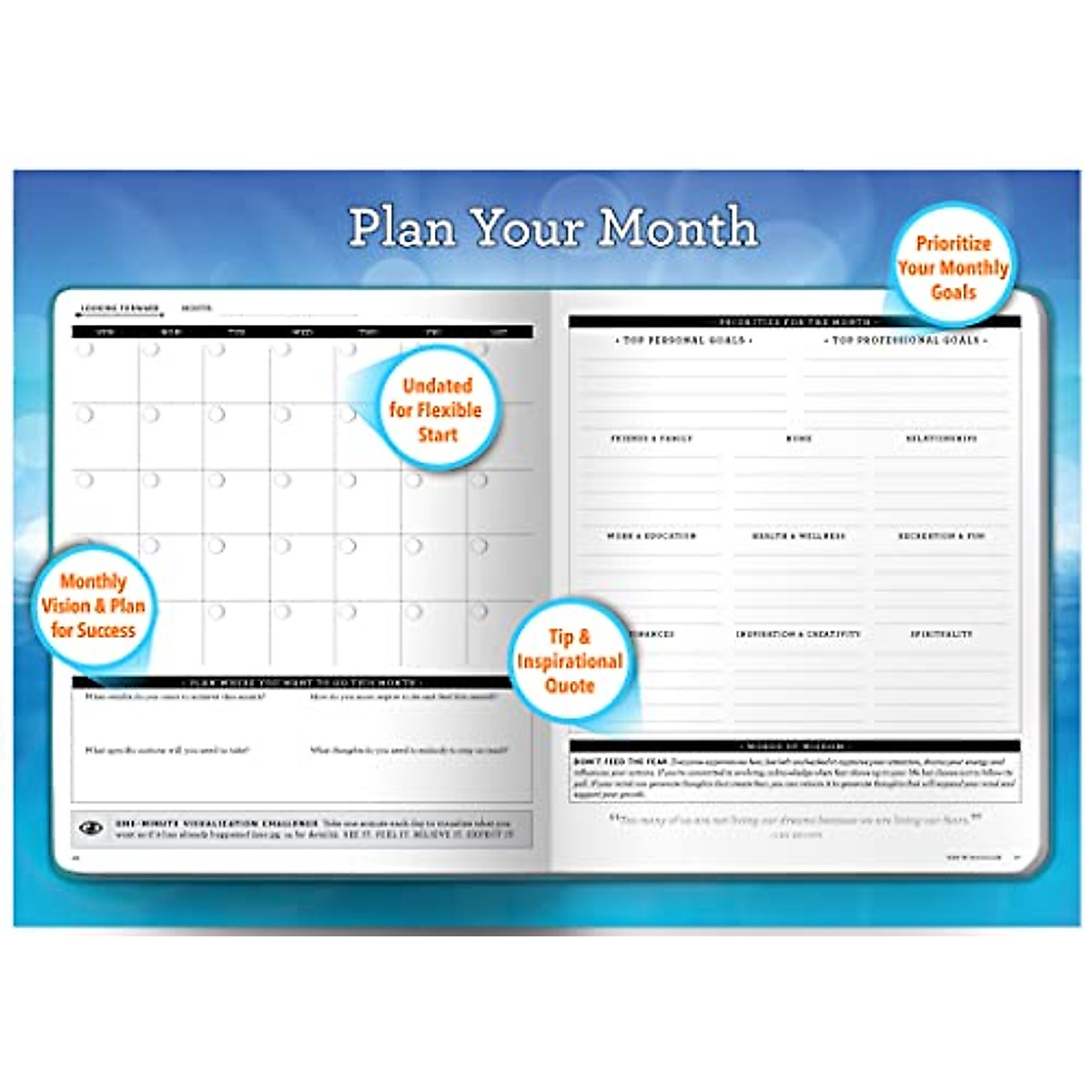 InnerGuide Undated Yearly Wellness Planner - Daily Weekly & Monthly Organizer & Appointment Book - Goal Setting - Journal - Faux Leather Cover - “8” x 9” - Turquoise