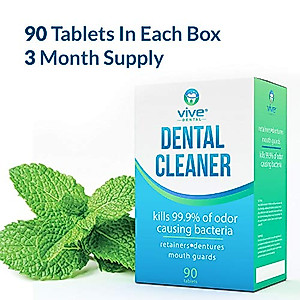 Vive Dental Retainer & Denture Tabs - Cleaner Tablets - for Mouthguard, Night Guard, Removable Partial or Full False Teeth - Overnight, Antibacterial Cleanse - Cleaning Removes Stains, Plaque, Odor