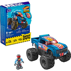 Mega Hot Wheels Monster Trucks Building Toy Car, Smash & Crash Race Ace with 85 Pieces, 1 Micro Action Figure Driver, Blue, Kids Age 5+ Years
