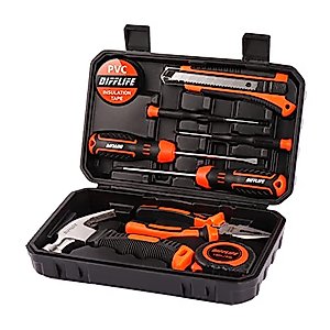 DIFFLIFE Tool Sets Household Tool Kit, 14-Piece General Home/Auto Repair Tool Set with Hammer, Pliers, Screwdriver Set and Toolbox Storage Case - Perfect for Homeowner, Diyer, Handyman (14-Piece)…