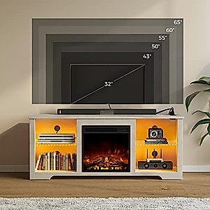Rolanstar Fireplace TV Stand with LED Lights and Power Outlets, TV Console for 43" 50" 55" 60" 65", Entertainment Center with Adjustable Glass Shelves, White