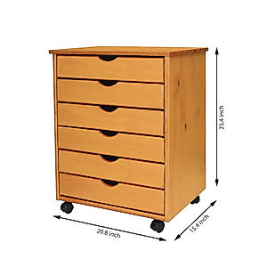 Adeptus Original Roll Cart, Solid Wood, 6 Drawer Extra Wide Drawers Roll Carts, Medium Pine