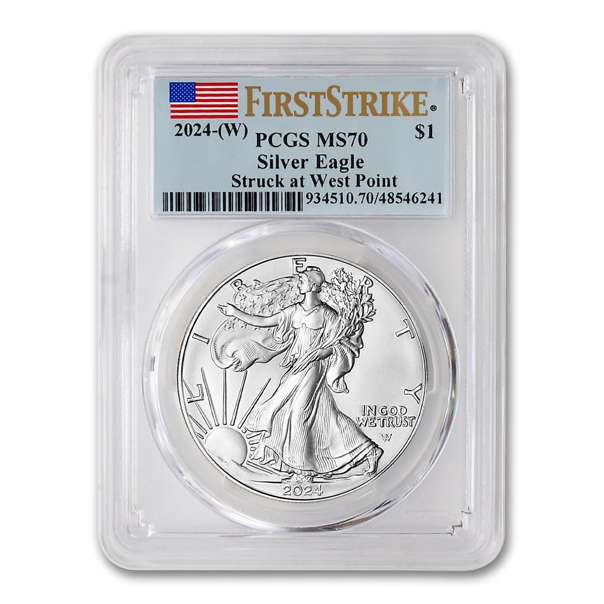 2024 1 oz American Silver Eagle Coin MS-70 (First Strike - Flag Label - Struck at West Point) $1 PCGS MS70