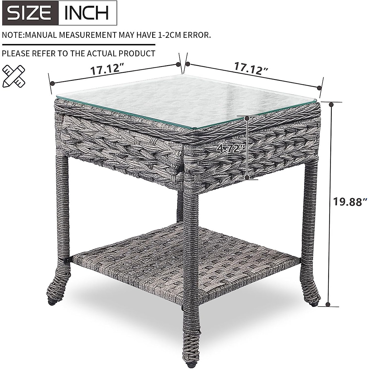 Generic Wicker Patio Side Table with Top - Multipurpose Outdoor End Table for Balcony, Porch, and Backyard Settings with 2-Tier Storage Shelf (Glass Top), Grey, BZ001