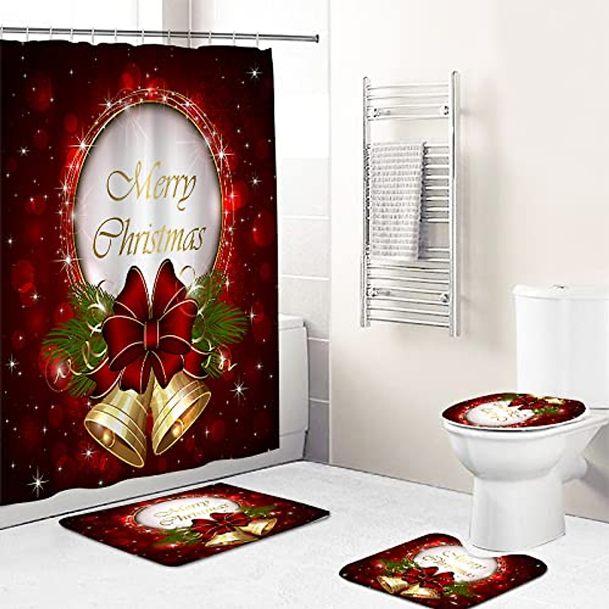 Kerally 4Pcs Merry Christmas Bathroom Sets, Waterproof Christmas Shower Curtain, Non-Slip Carpet, Toilet Mat and Floor Mat Shower Curtain Set for Holiday Decoration