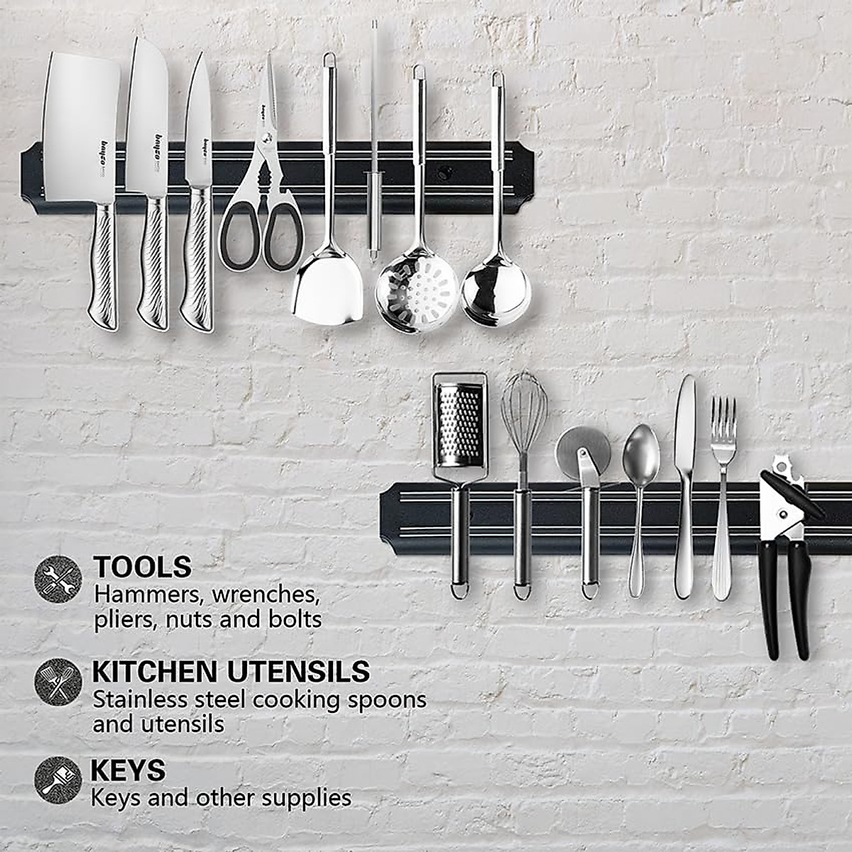 EDSRDUX 8 Inch 2 Pack Black Powerful Magnetic Knife Holder, Kitchen Knife Magnetic Strip Strips, Rust Free Multipurpose Magnetic Knife Rack Use for Kitchen Garage Workshop