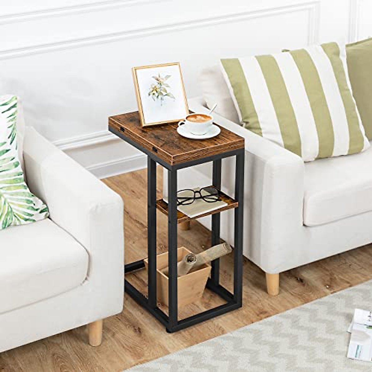 HOOBRO Foldable End Table, C Shaped Side Table with Storage Shelf, Small Snack Table Suitable for Living Room Bedroom Small Spaces, Easy Assembly, Rustic Brown BF29SF01