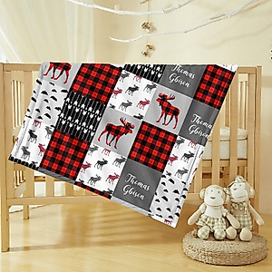 Woodland Deer Personalized Baby Blankets - Customized Name Nursery Soft Plush Minky Blankets for Girls Kids, Red Plaid Design Swadding Blankets Nursery Stroller Crib Receiving Blankets Infant Newborn